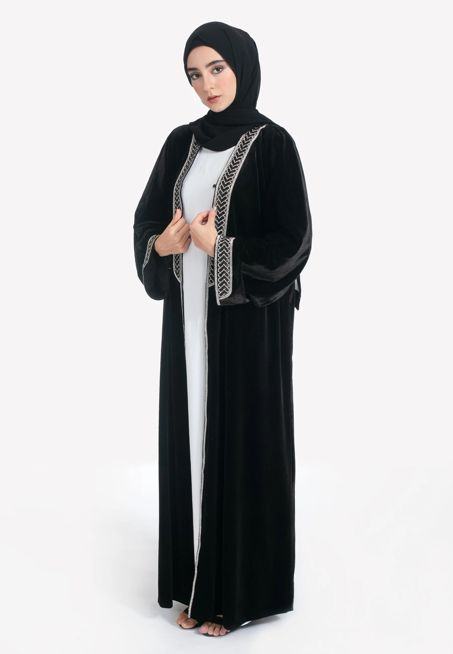 Luxury Black Velvet Embellished Open Abaya – Hayamodesty.com